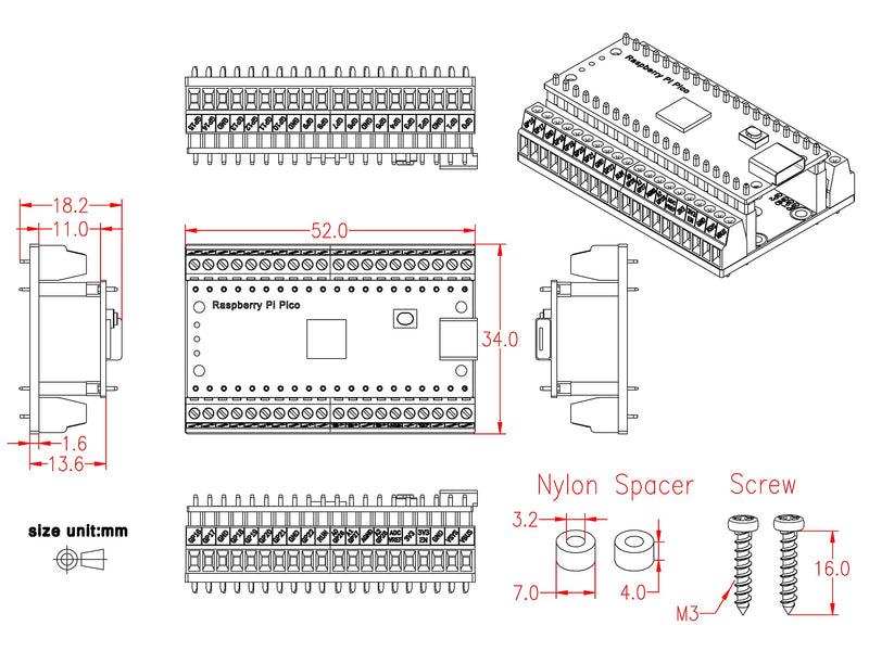 Ultra Small Rpi Pico Terminal Block Breakout Board Module For
